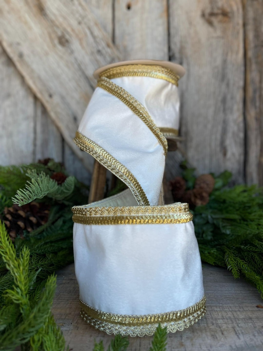 4" White Gold Ribbon, Wired Ribbon, White Velvet Ribbon, Christmas ...
