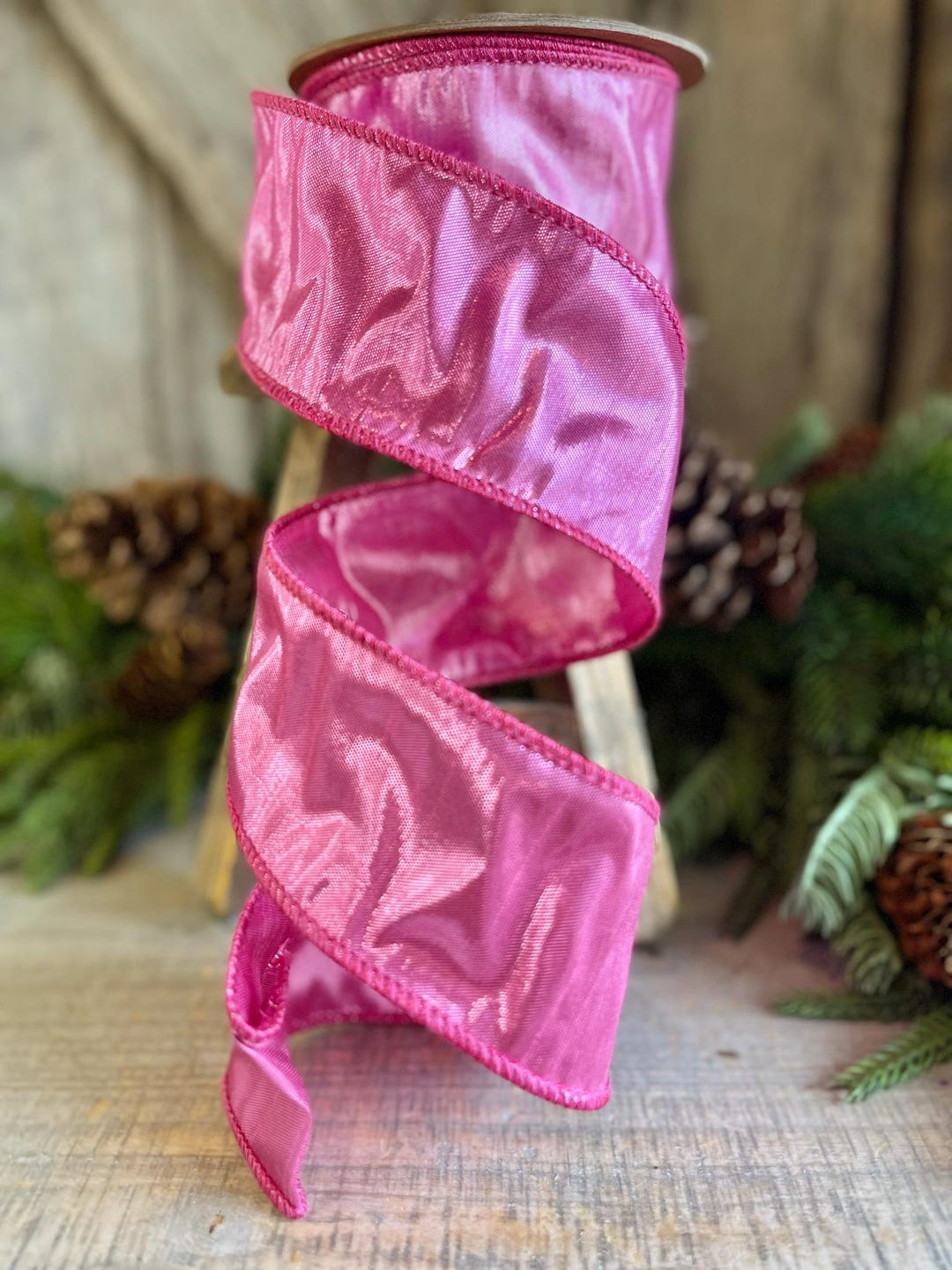 2.5 Pink Metallic Ribbon, Pink Wired Ribbon, Christmas Ribbon, Pink ...