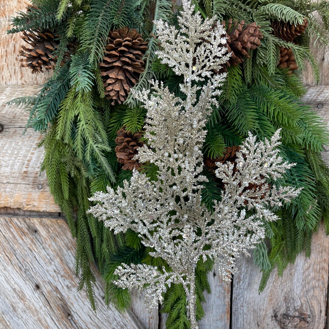 33" Glitter Pearl Twig Spray, Platinum Christmas Tree Picks & Stems ...