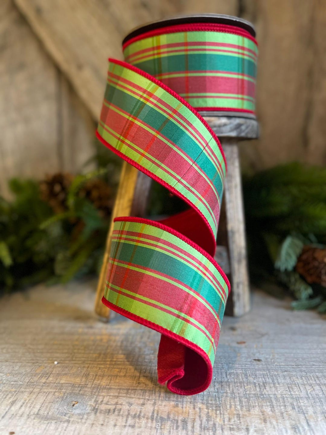 2.5 Red Green Plaid Wired Ribbon, Christmas Plaid Ribbon, Wired Ribbon ...