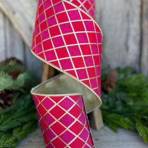 4" Red Pink Harlequin Ribbon, Diamond Ribbon, Red Hot Pink Ribbon ...