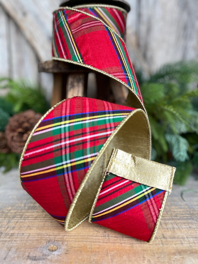 2.5" Traditional Christmas Plaid, Wired Ribbon, Red Blue Chirstmas Plaid Ribbon, Ribbon for ...