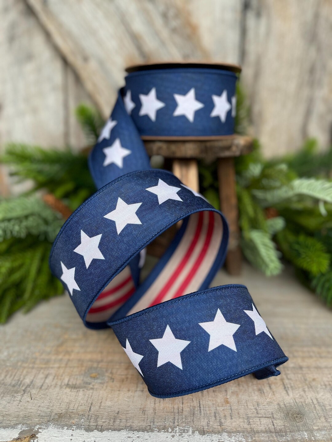 2.5" Patriotic Wired Ribbon, Blue Stars Tea-stained Red Stripes ...