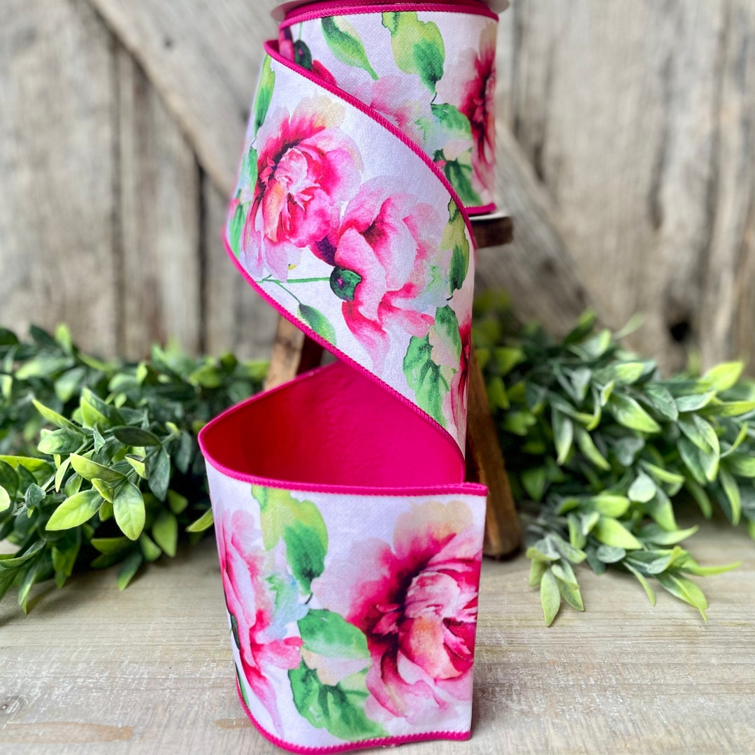 4" Pink Vibrant Peonies Ribbon, Spring Ribbon, Pink Ribbon, Pink Floral ...