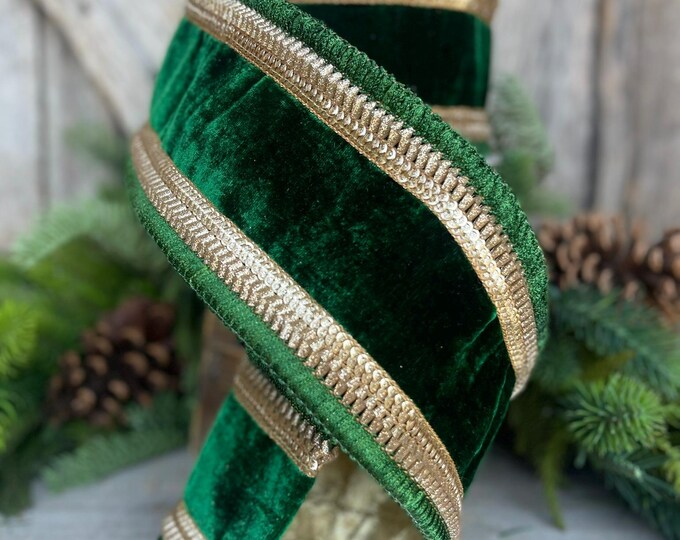 4" Emerald Green Gold Velvet, Farrisilk Ribbon, Royal Fringe Velvet ...