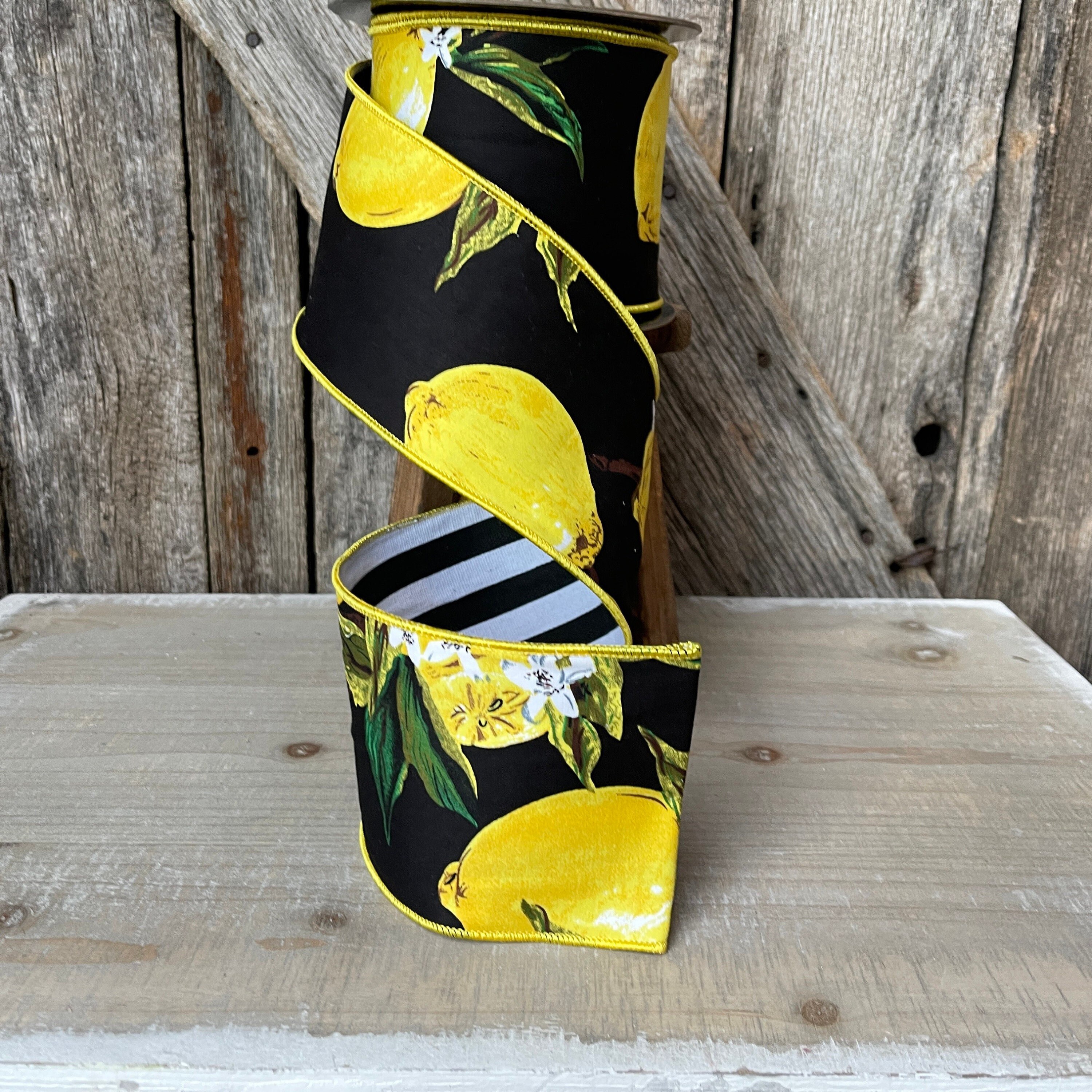 4 Lemon Wired RIbbon with Black and White Stripe Backing for Wreaths ...