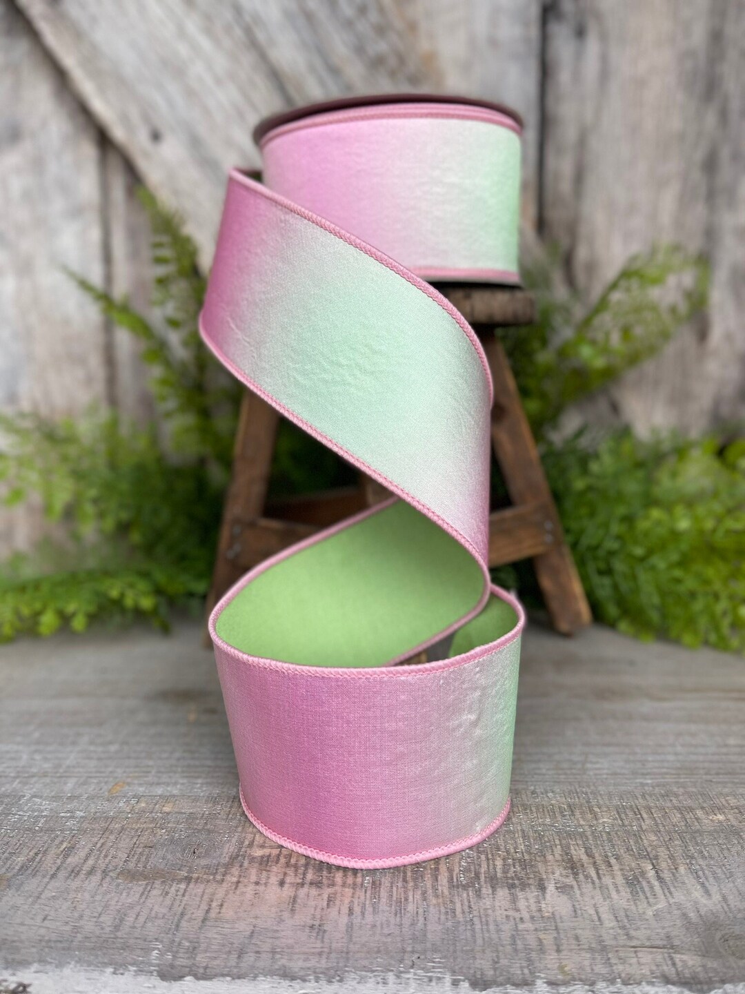 2.5" Pink Green Prismatic Ribbon, Farrisilk Ribbon, Pink Wired Ribbon ...