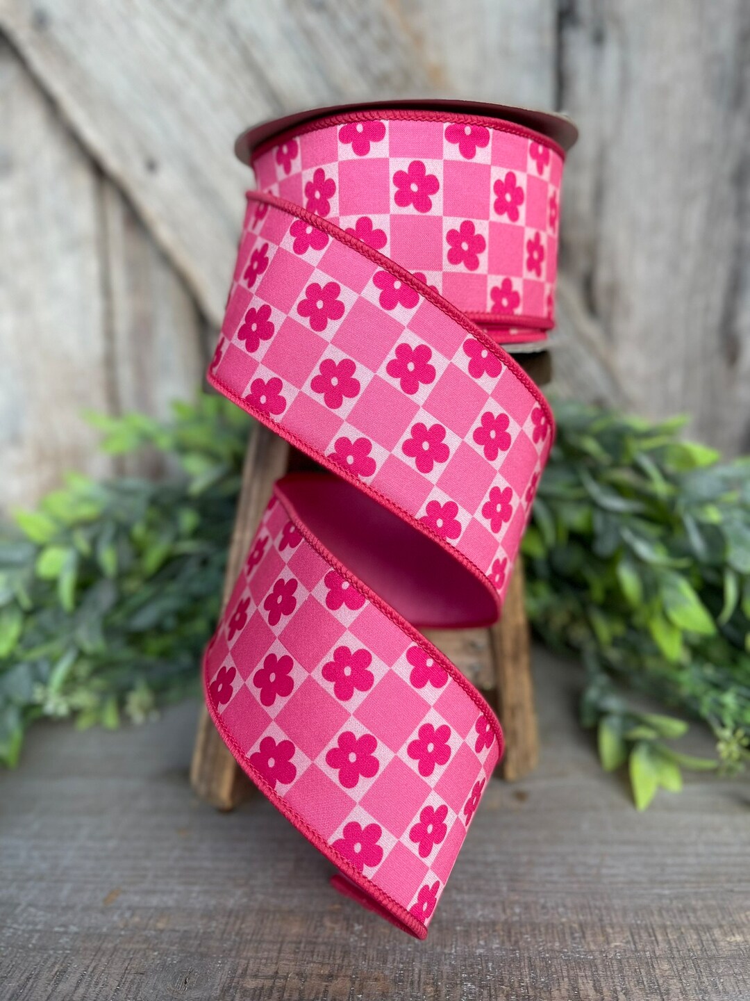 2.5" Pink Retro Daisy Checks Ribbon, Farrisilk Ribbon, Spring Ribbon ...
