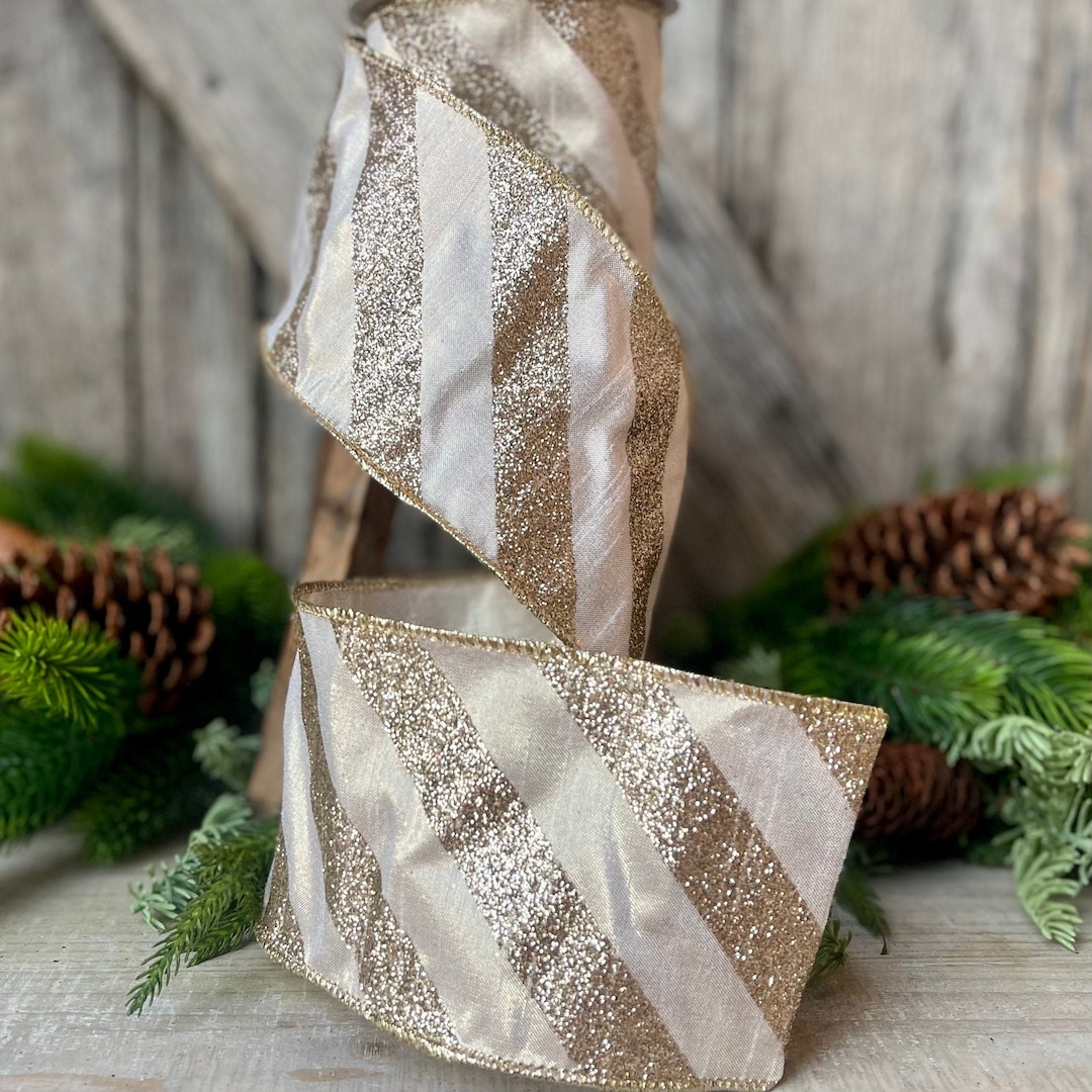 4" Platinum Diagonal Stripe Ribbon, Champagne Gold 4 Inch Ribbon ...