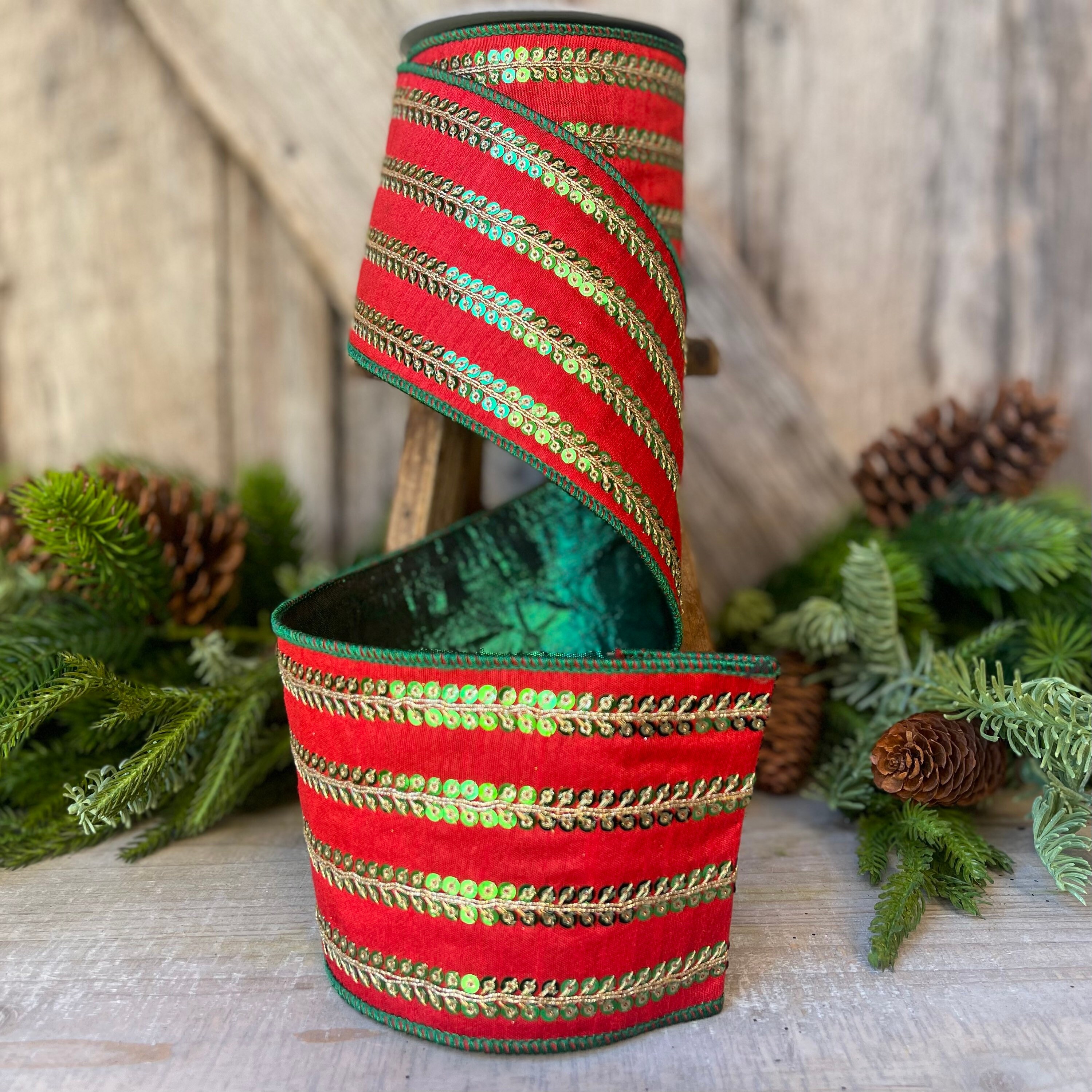 4 Red and Green Sequin Christmas, wired ribbon, Ribbon for Christmas ...