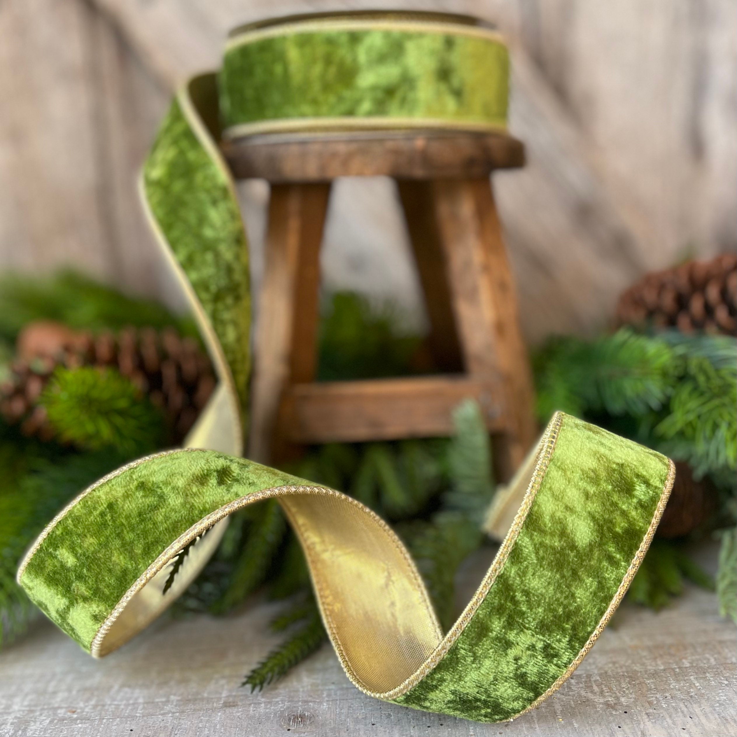 1.5 Moss Green Velvet Ribbon, Wired Velvet Ribbon, Christmas Velvet ...