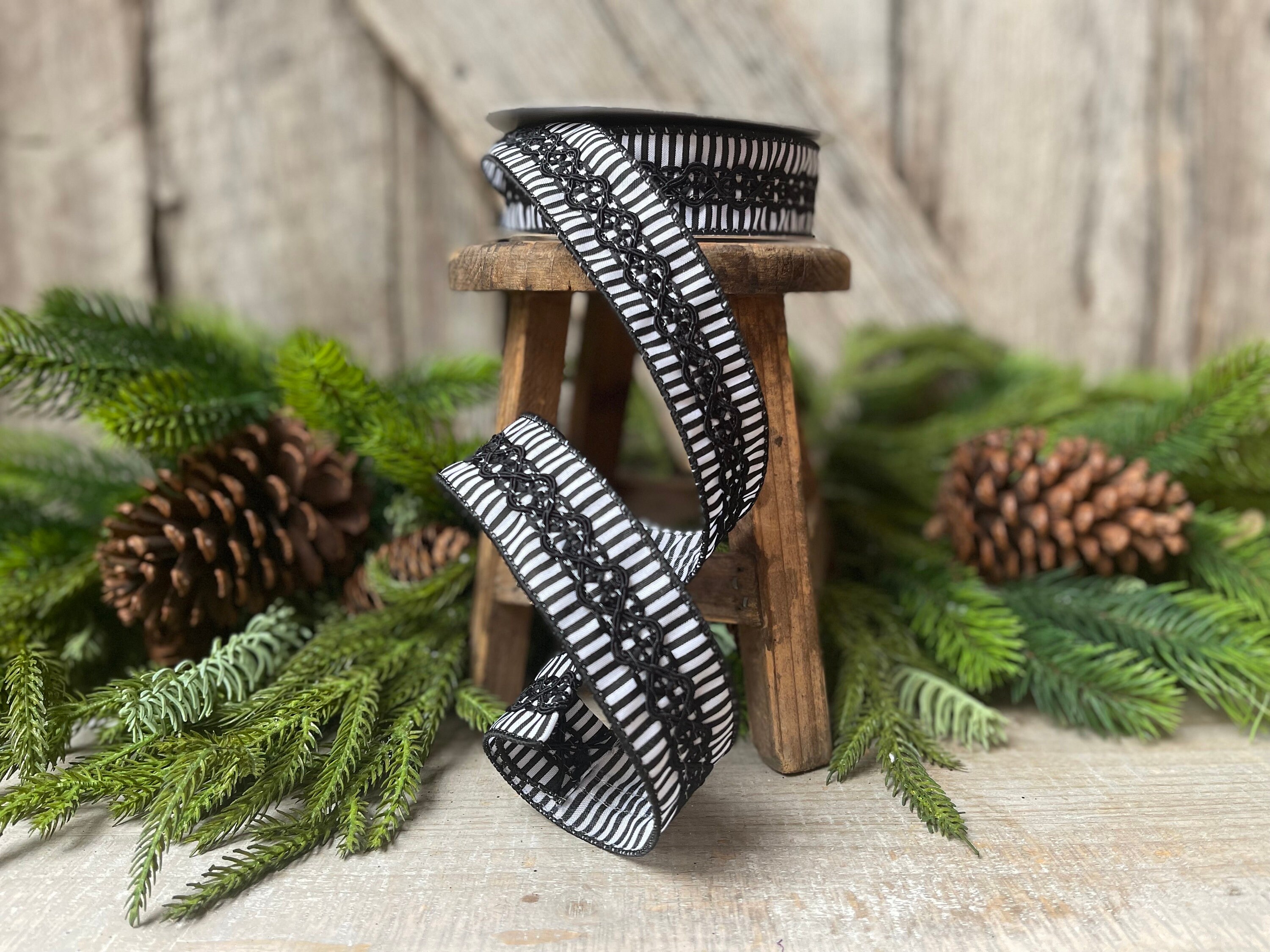 1.5 Black and White corded wired ribbon, Halloween Ribbon, designer ...