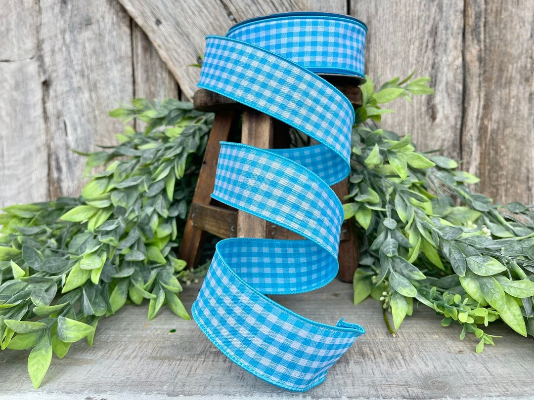 1.5" Turquoise Blue Gingham Ribbon, Farrisilk Ribbon, Turquoise Micro ...