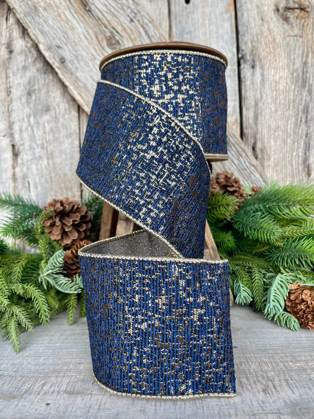 4" Navy Blue Gold Wired Ribbon, Navy Jacquard Ribbon, Christmas Tree ...