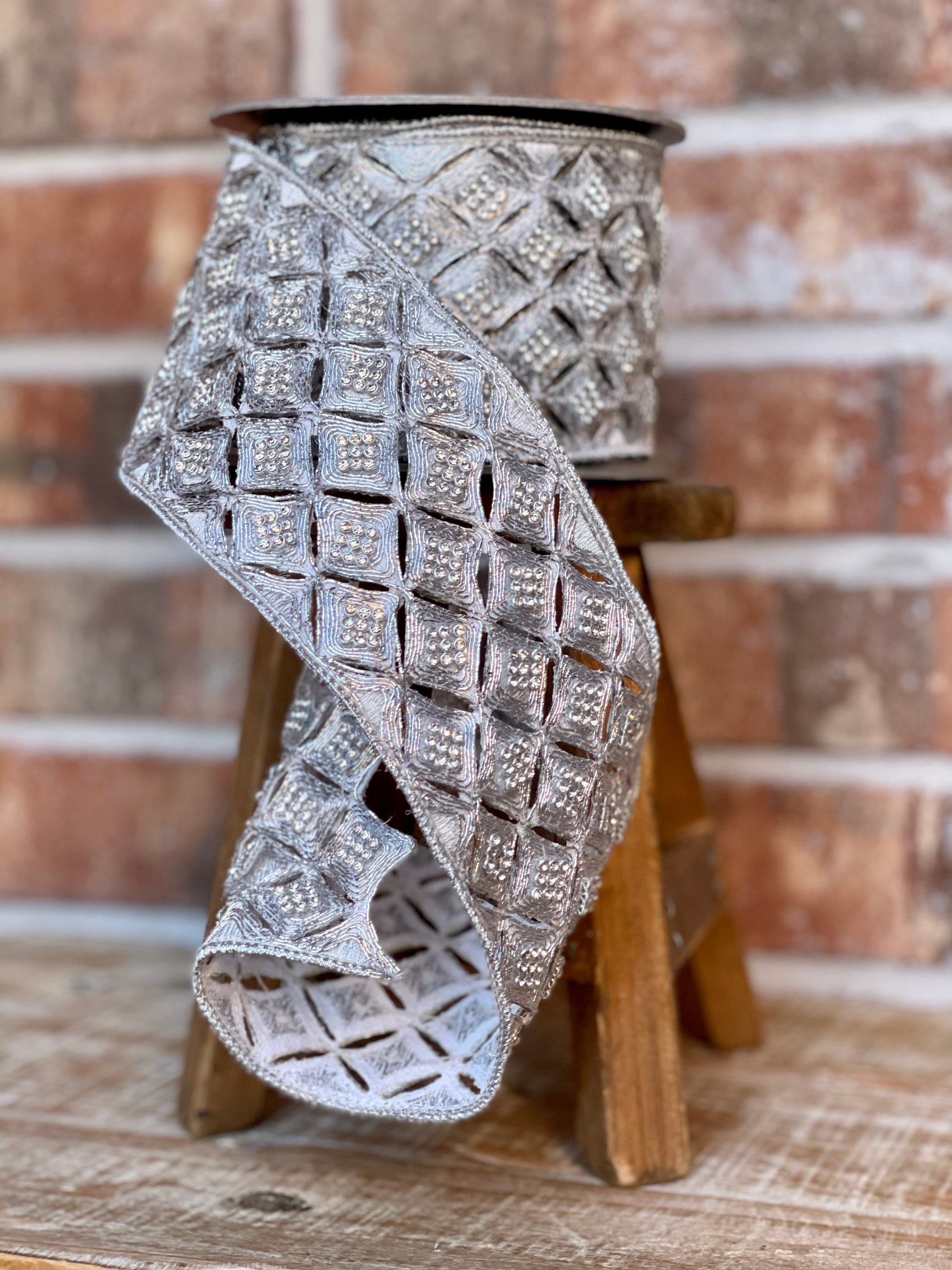 Jeweled ribbon, farrisilk ribbon, silver jeweled ribbon, 4 inch ribbon ...