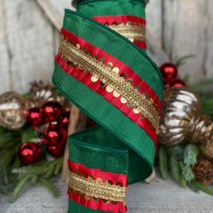 4" Red Green Nutcracker Frills, Farrisilk Ribbon, Wired Ribbon, Christmas Ribbon, Emerald Green ...