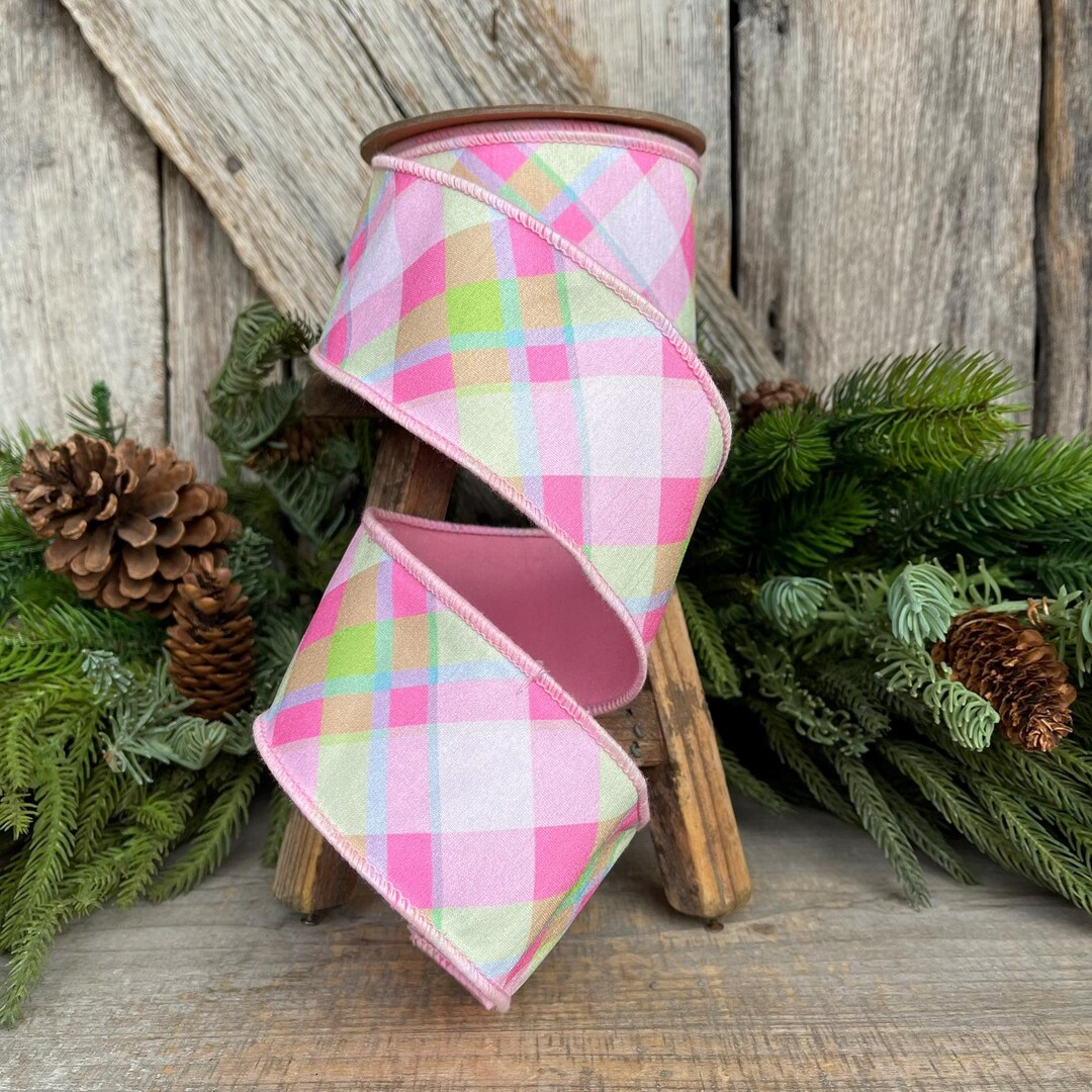 2.5" Pastel Pink Diagonal Plaid, Designer Ribbon, Pink Plaid Ribbon ...