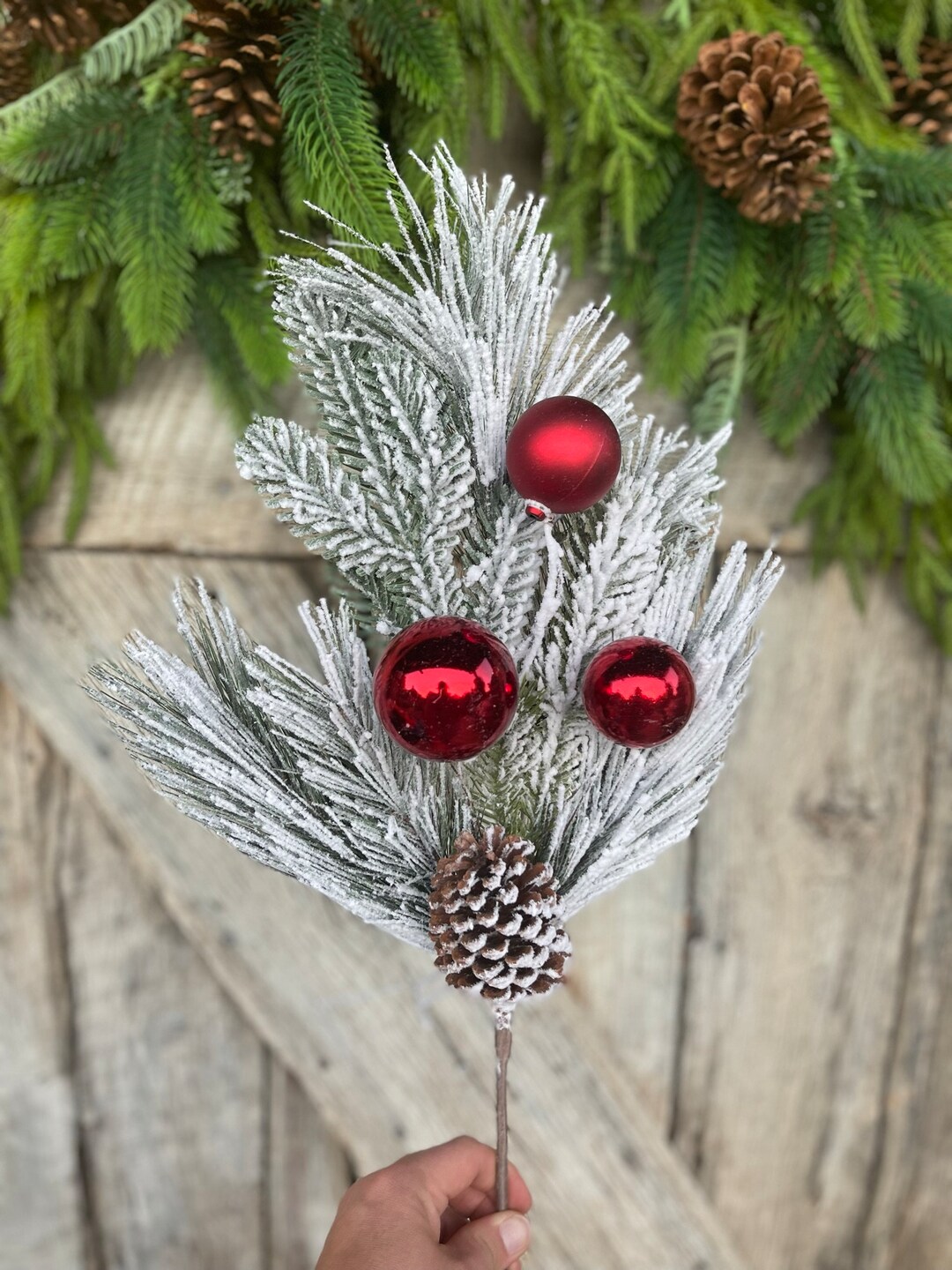 24 Flocked Pine With Red Balls, Christmas Greenery, White Flocked ...