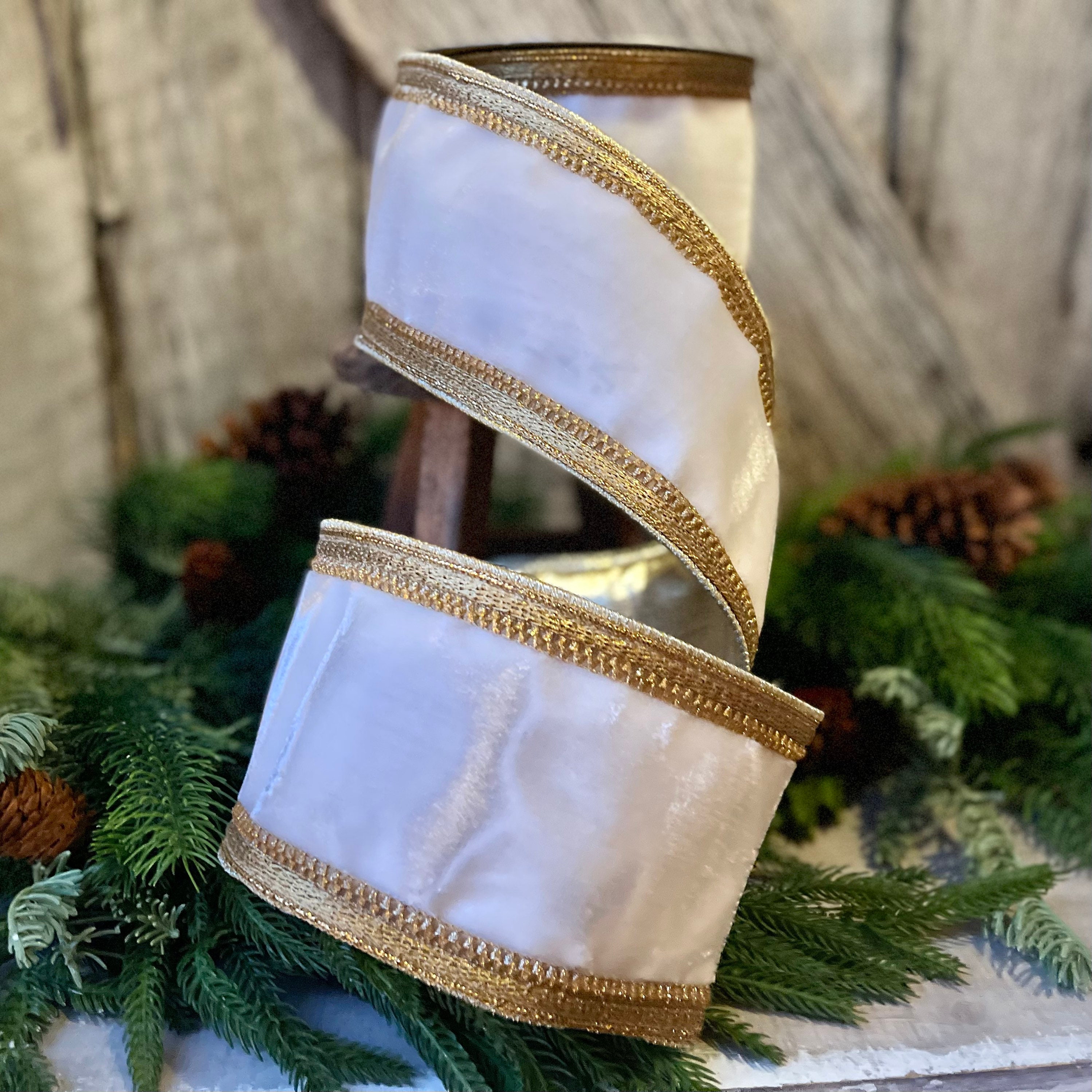 4 Ivory and Gold Ribbon, Christmas Ribbon, Christmas Tree Ribbon ...
