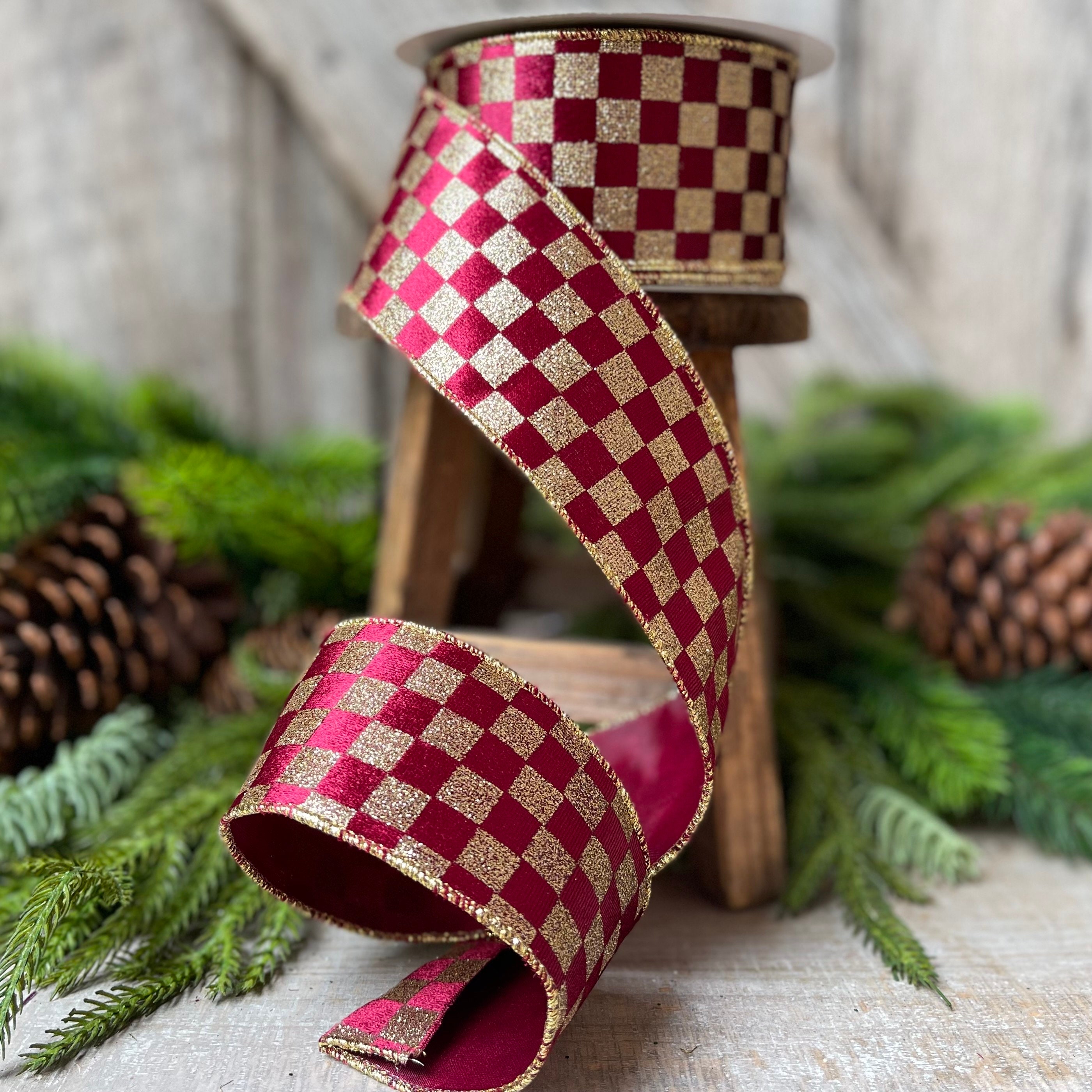 2.5 Burgundy Gold Glitter Check Wired Ribbon, Christmas Ribbon ...
