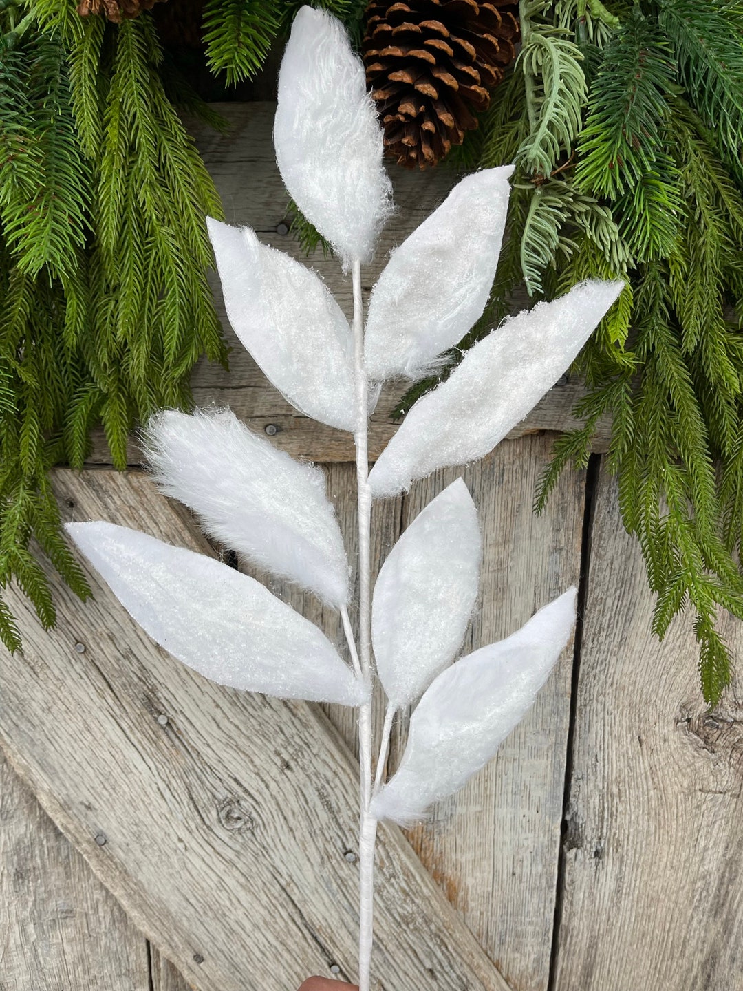 26 White Fur Leaf Spray, Snowy Fur Spray, Christmas Tree Spray, Flocked ...
