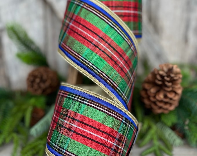 4" Traditional Christmas Plaid, Farrisilk Ribbon, Red Blue Chirstmas ...