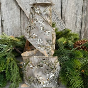 4" Champagne Gold Sequin Ribbon, 4 Inch Wired Christmas Ribbon ...