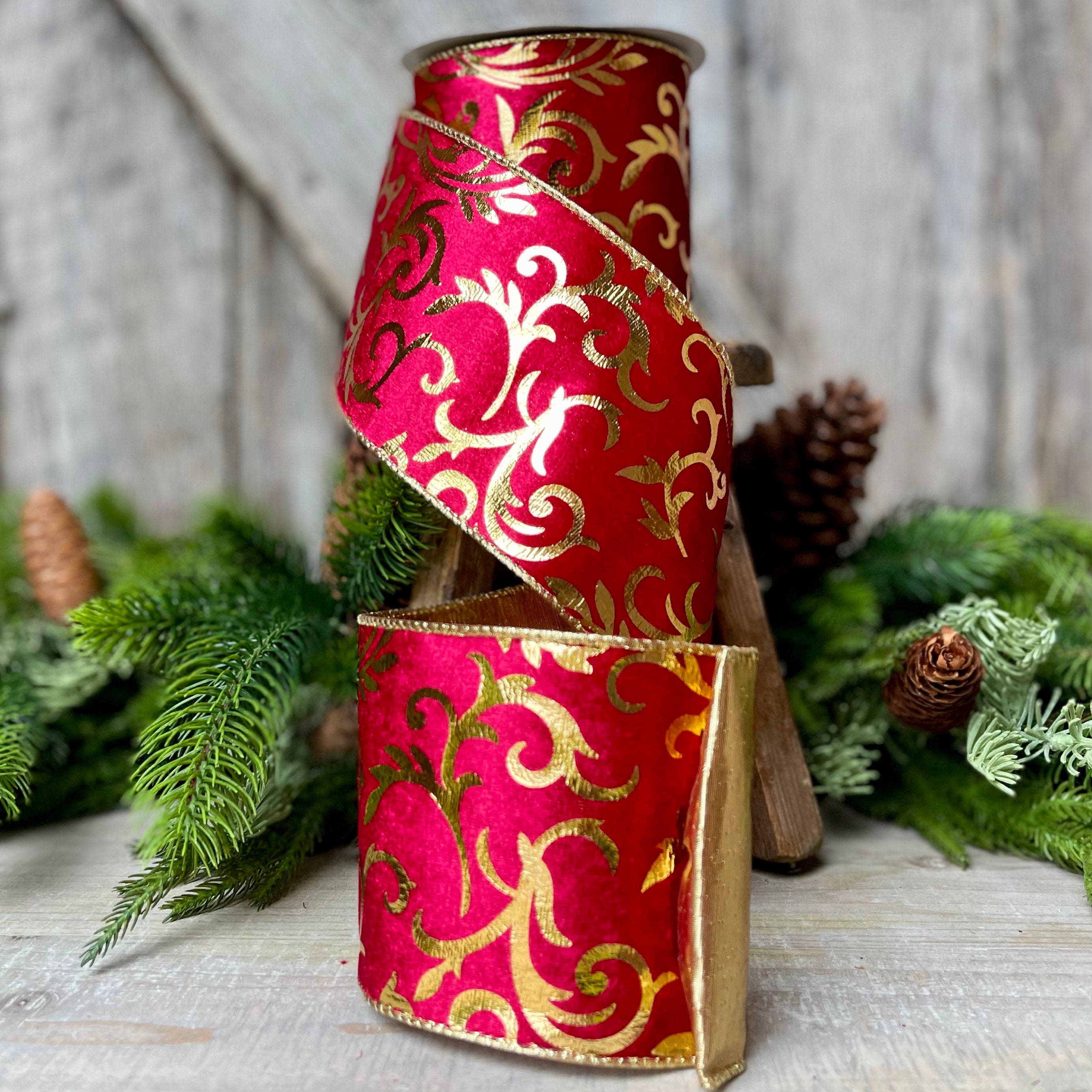 10 yards, Red Scarlet Metallic Gold Scroll Christmas Ribbon, Wired ...