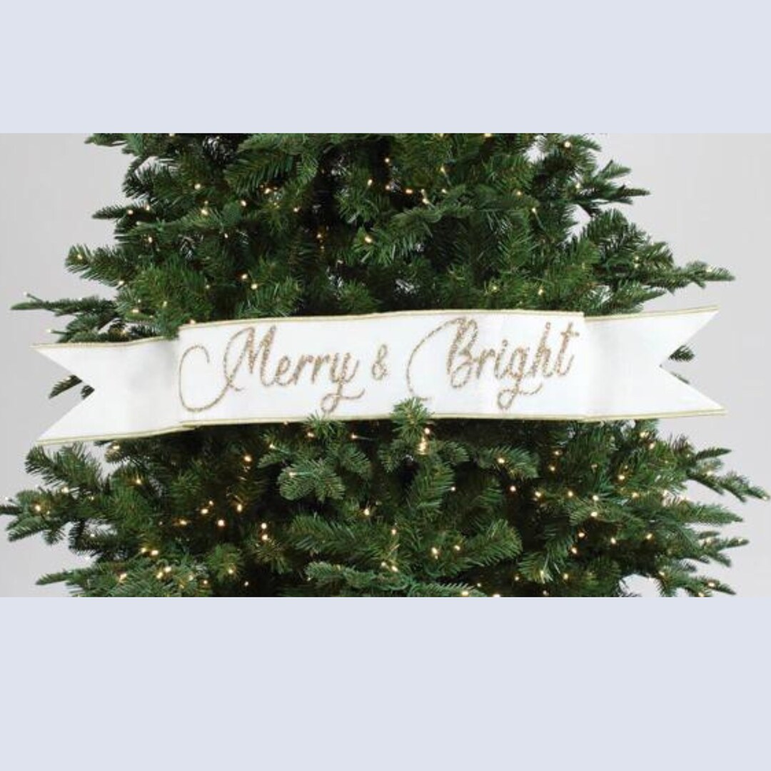 Merry & Bright Banner, Christmas Tree Banner, White Velvet Banner for ...