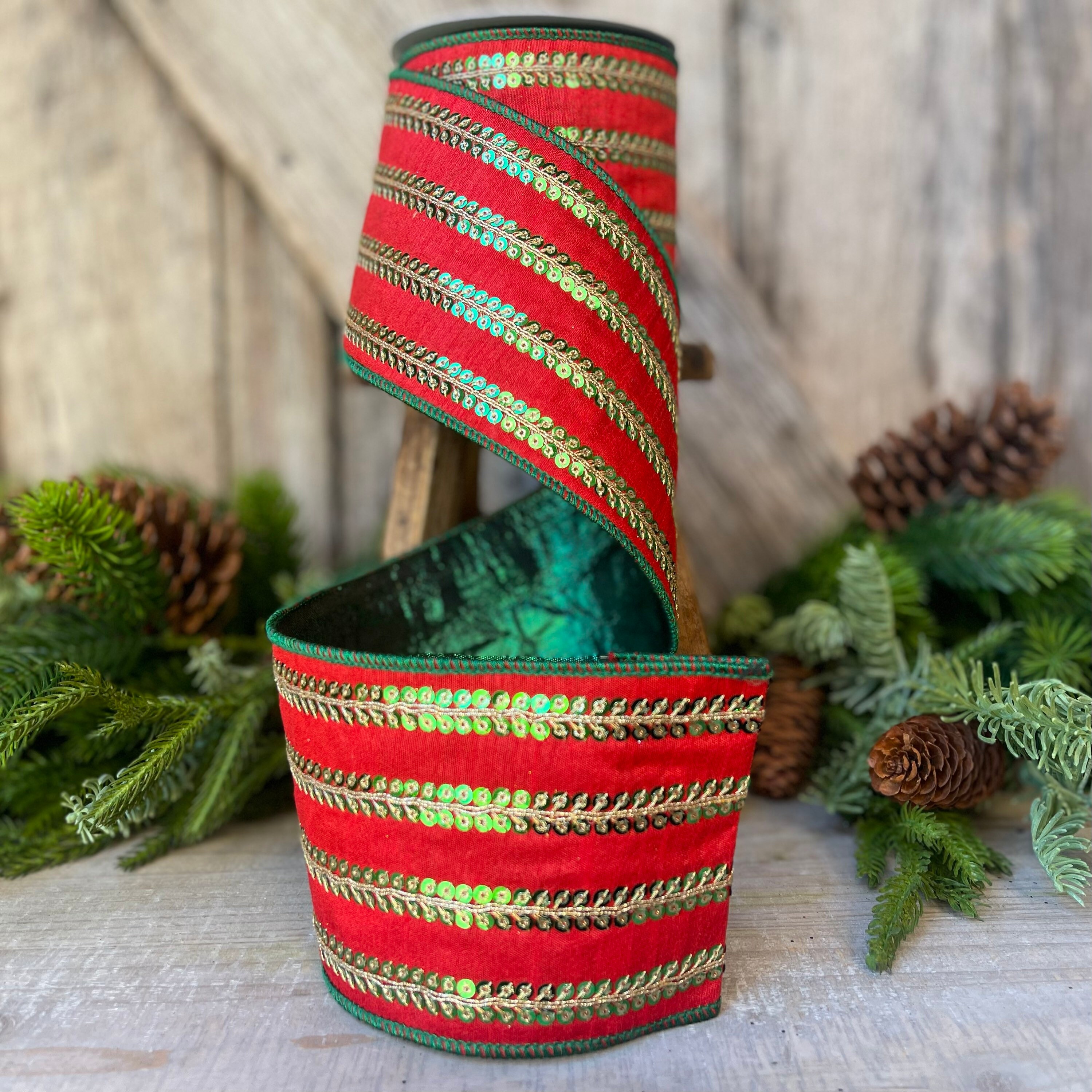 4 Red and Green Sequin Christmas, wired ribbon, Ribbon for Christmas ...