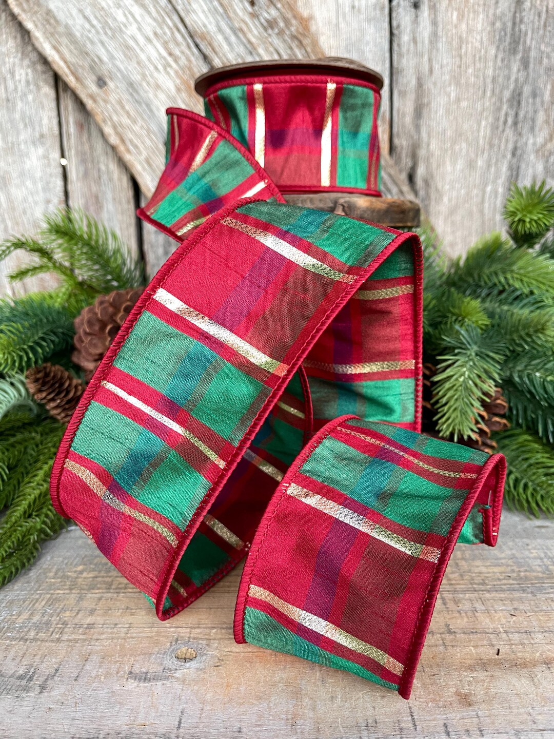2.5" Christmas Plaid Ribbon, Red Green Gold Plaid Ribbon, Traditional Christmas Ribbon, Wired ...