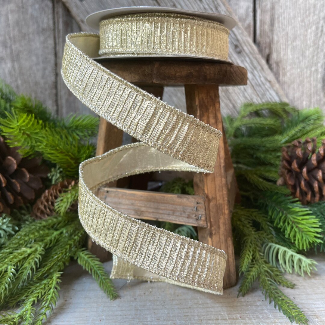1 Champagne Gold Pleated Metallic Ribbon, Farrisilk Ribbon, Wired ...