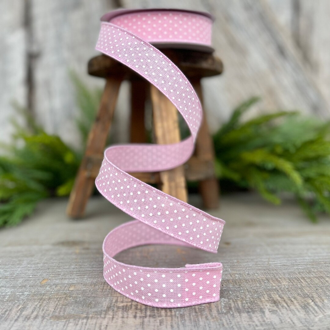 7/8" Pink Ribbon, Light Pink Swiss Dots Ribbon, Narrow Ribbon, Wired ...