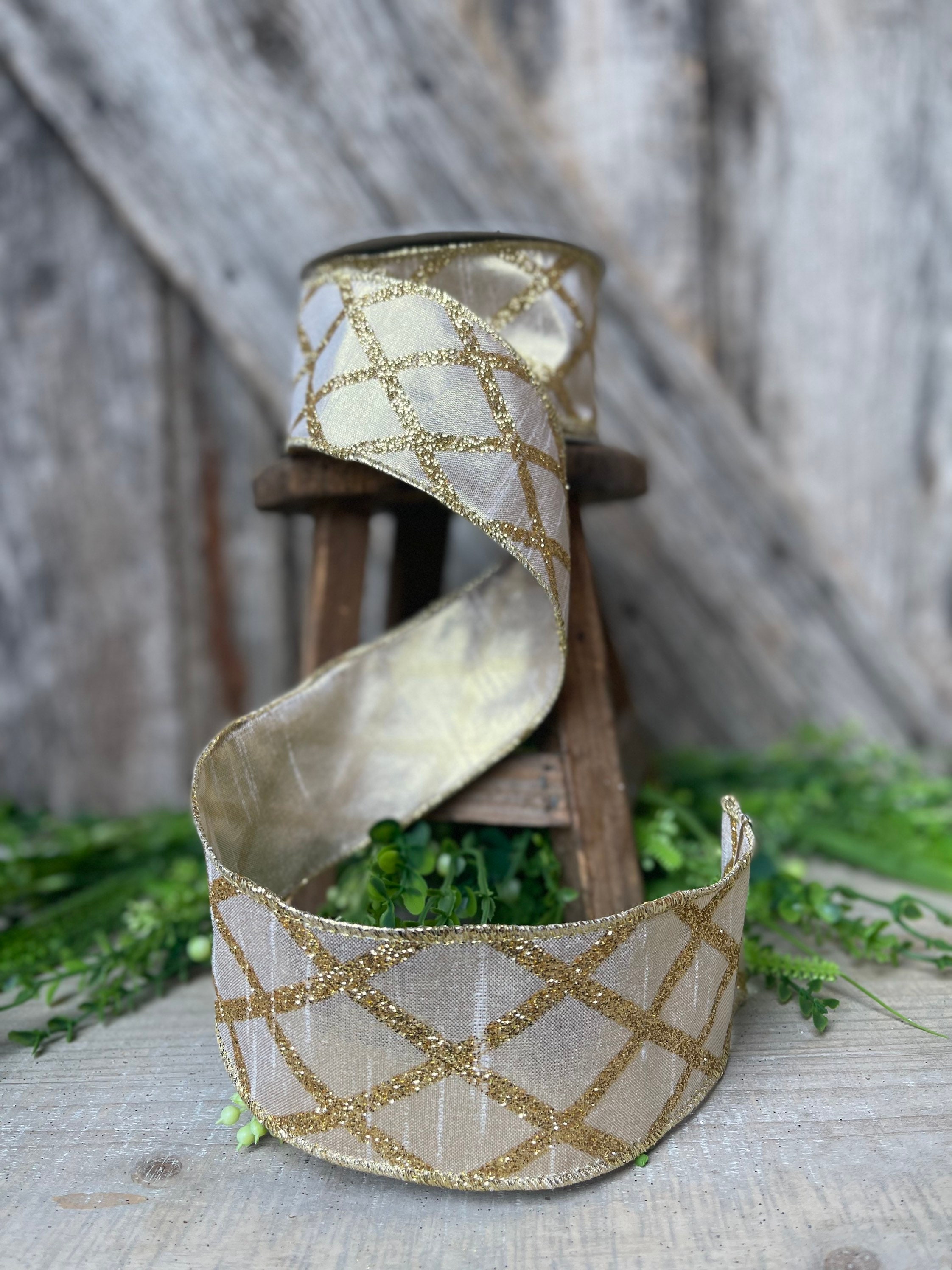 2.5 Gold Ribbon, Gold lattice ribbon, diamond, White and gold Ribbon ...