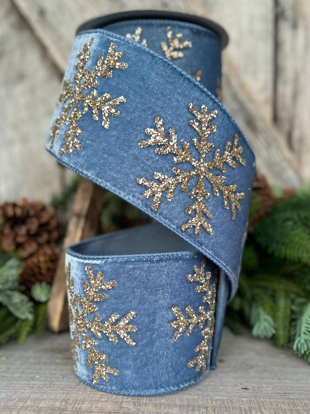 4" Steel Blue Velvet Ribbon, Glitter Snowflake Ribbon, Farrisilk Ribbon ...