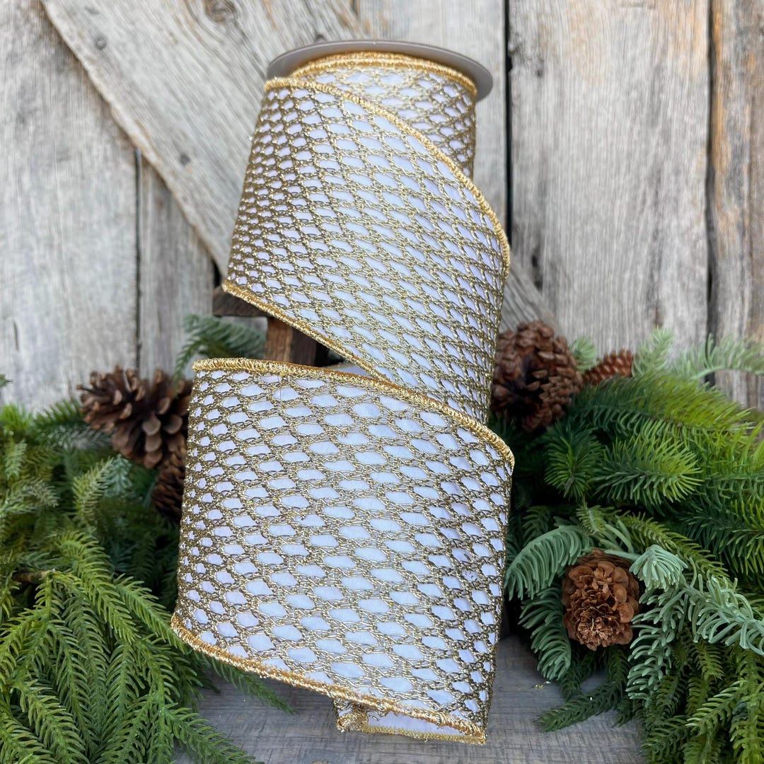 4" White Gold Ribbon, Farrisilk Ribbon, Gold Lattice Ribbon, Regal Gold ...