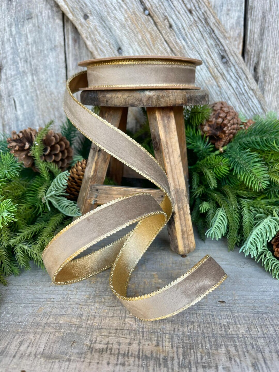 1" Mink Brown Velvet Ribbon, Wired Ribbon, Champagne Gold Velvet Ribbon ...