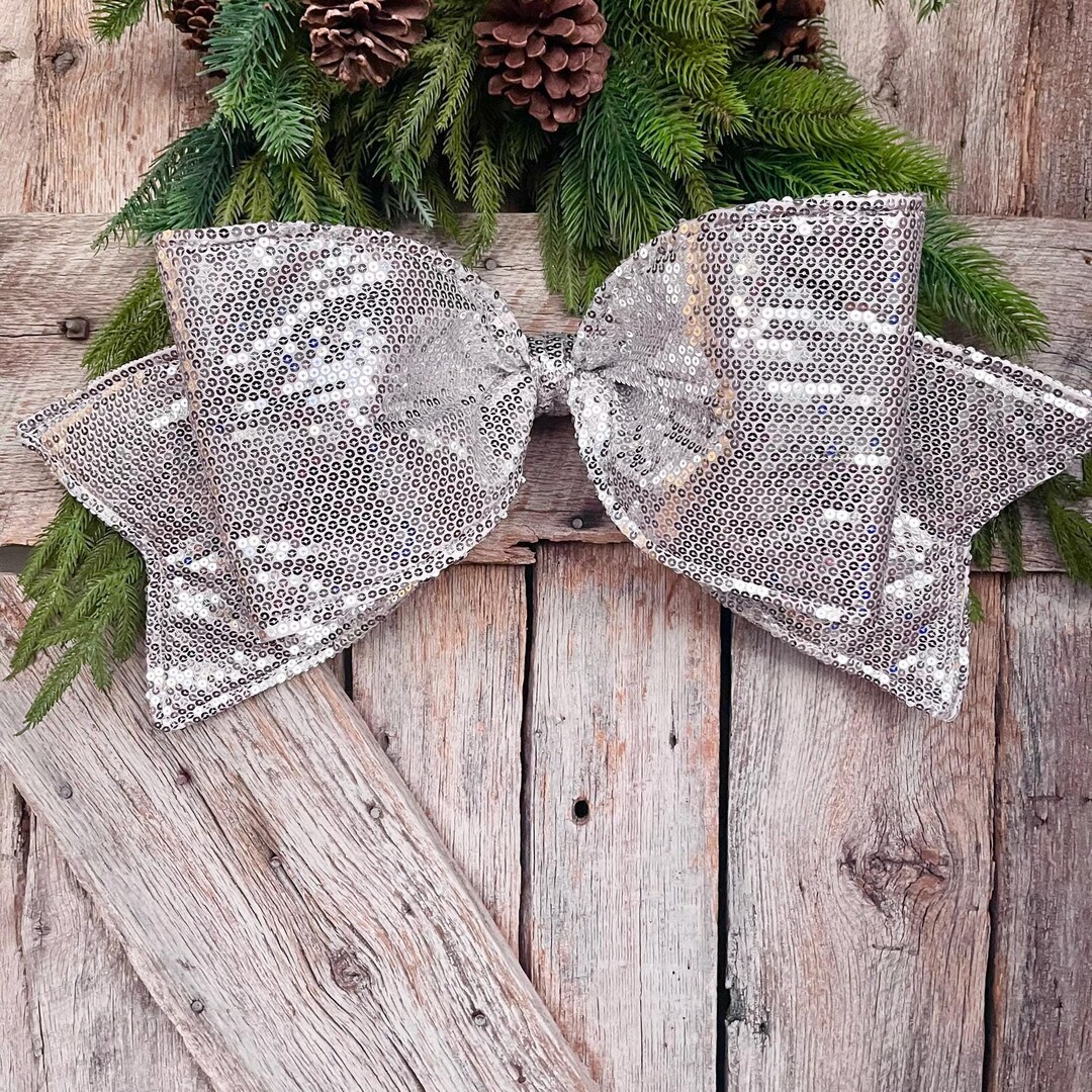 24" Silver Sequin Bow, Farrisilk Bow, Tree Bow, Christmas Wreath Bow ...