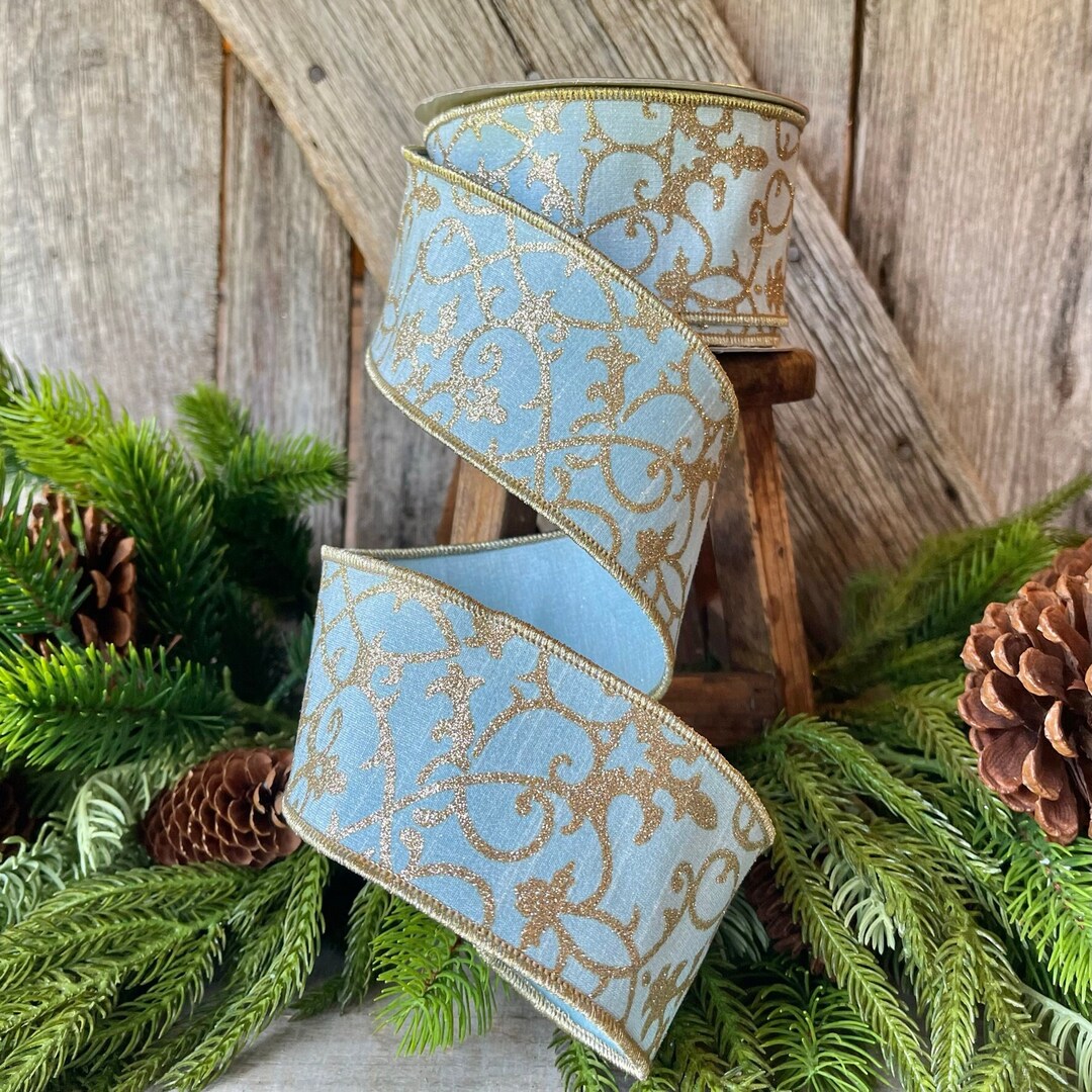 2.5" Light Blue CASSIA ACANTHUS, Farrisilk Ribbon, Blue and Gold Ribbon ...