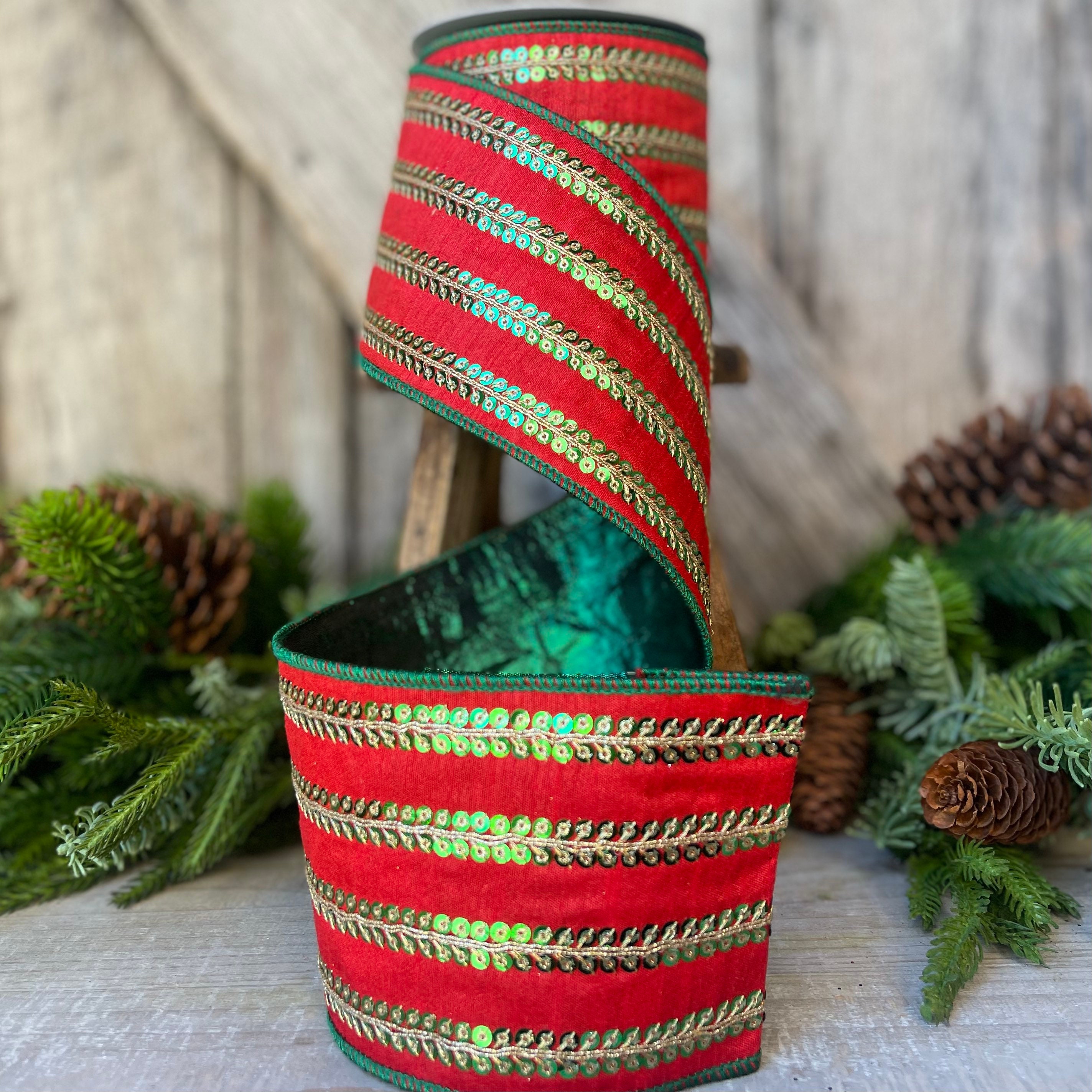 4 Red and Green Sequin Christmas, wired ribbon, Ribbon for Christmas ...