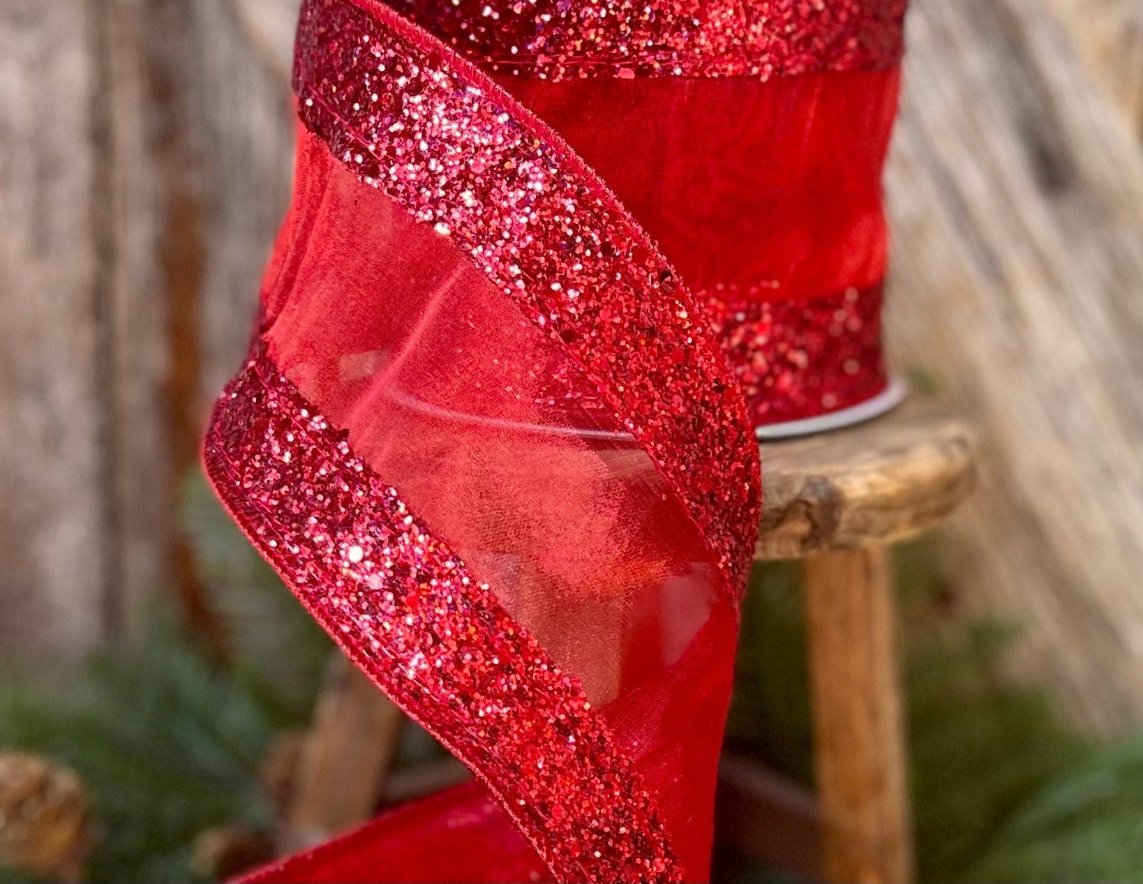 Red Chunky Glitter Borders, 4 inch red ribbon, Christmas tree ribbon ...