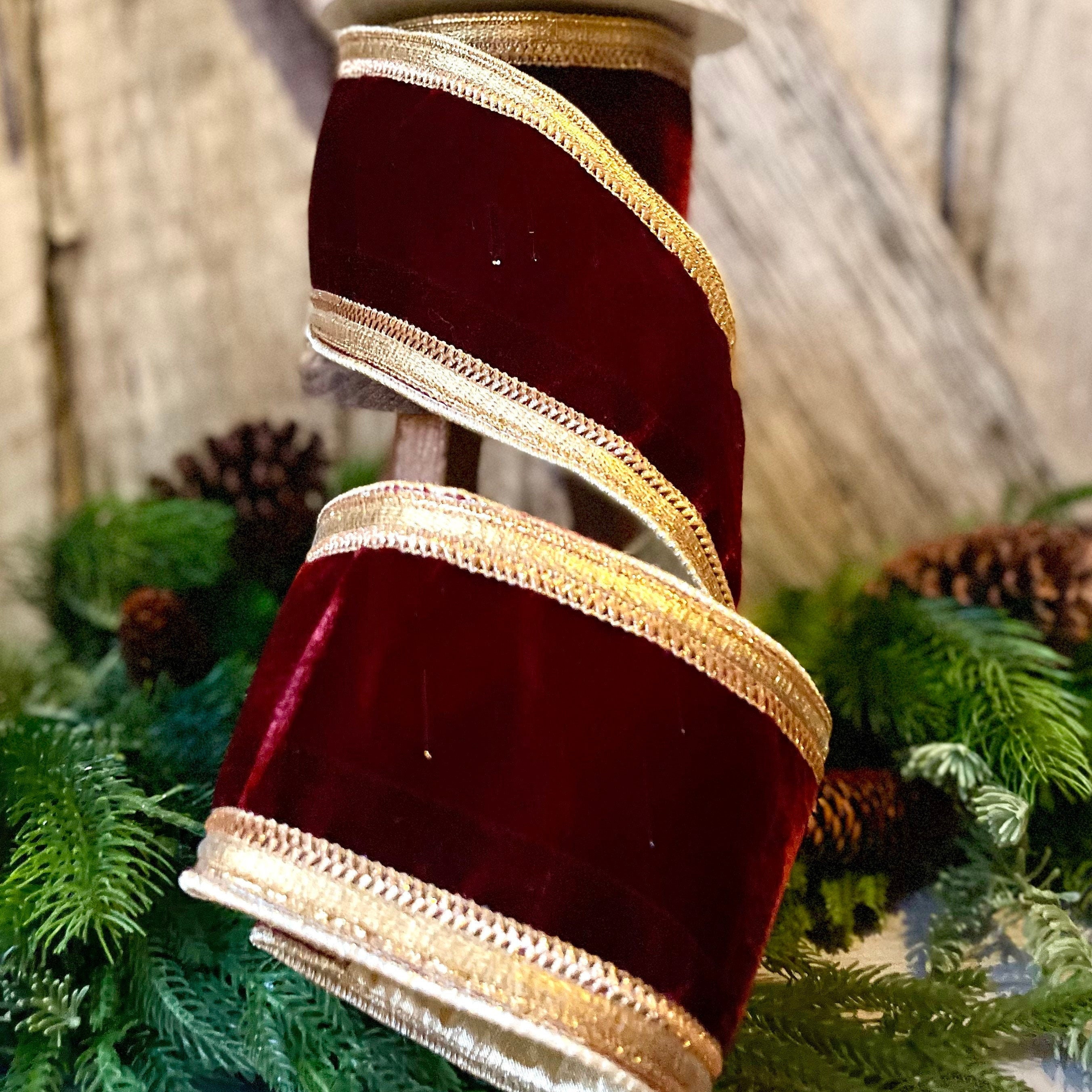 4 Burgundy Velvet with Gold Borders, Christmas Tree Ribbon, Velvet ...