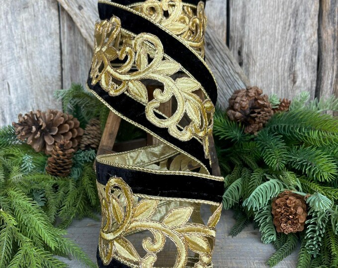4" Black Gold Embroidered Lancet Ribbon, Farrisilk Ribbon, Christmas ...