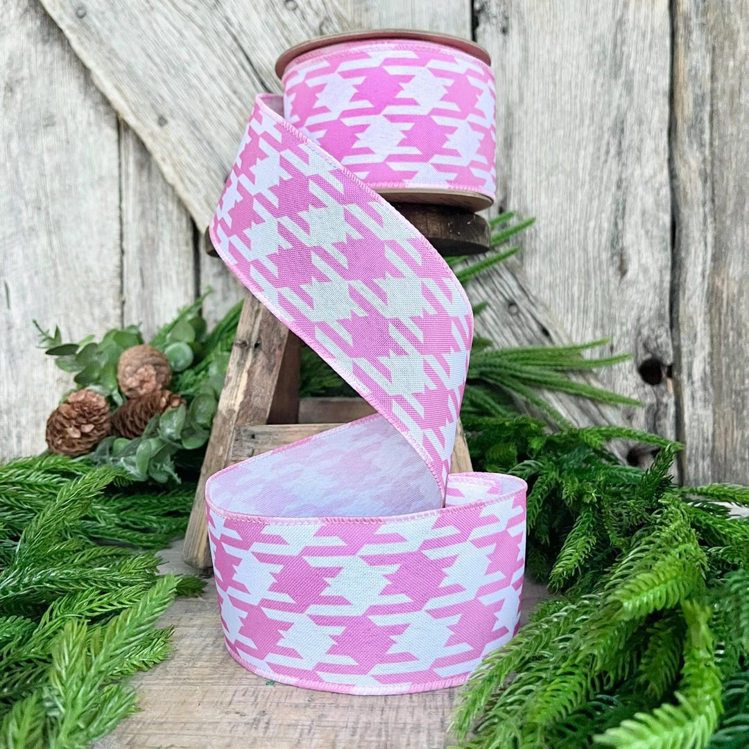 2.5" Pink Herringbone Ribbon, Pink Wired Ribbon, White Pink Ribbon ...