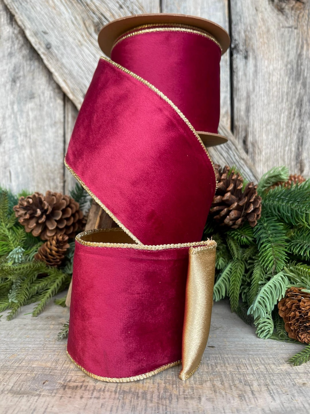 4" Burgundy Gold Velvet Ribbon, Burgundy Velvet Ribbon, Christmas ...