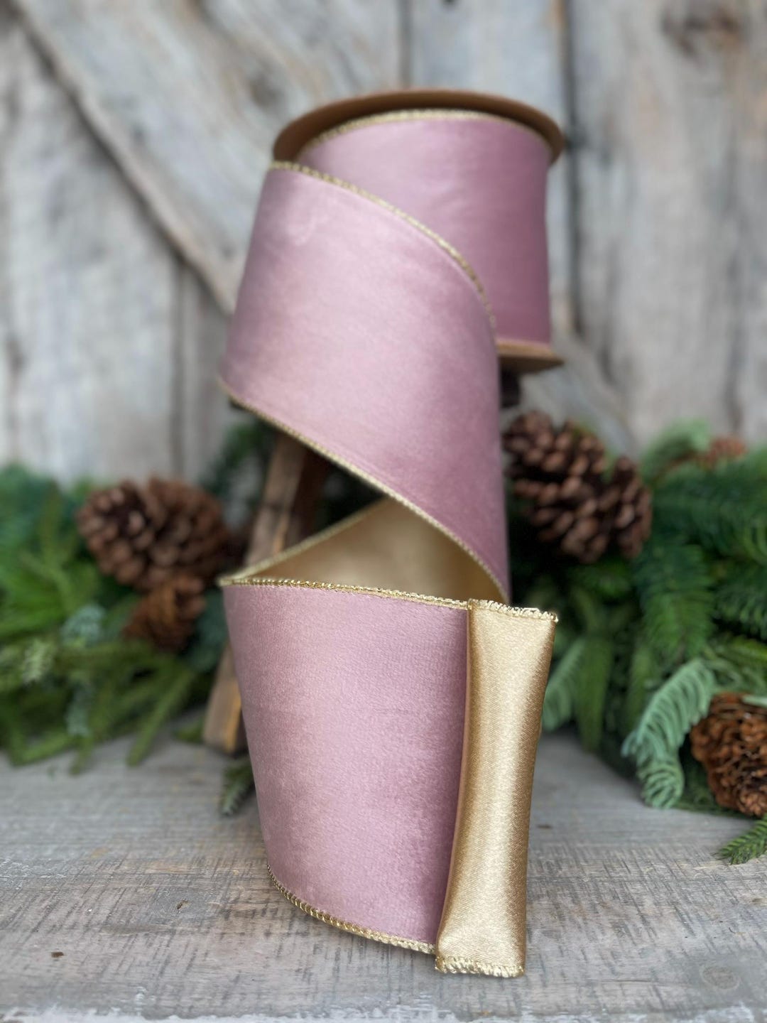 4" Dusty Pink Velvet Ribbon, Pink & Gold Velvet Ribbon, Wired Ribbon ...