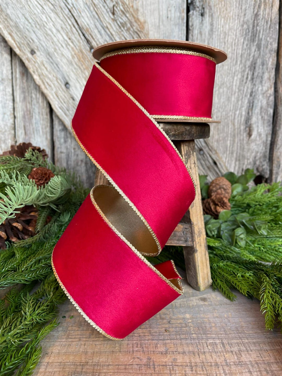 2.5 Red Gold Velvet Ribbon, Red Velvet Ribbon, Christmas Ribbon, Red ...