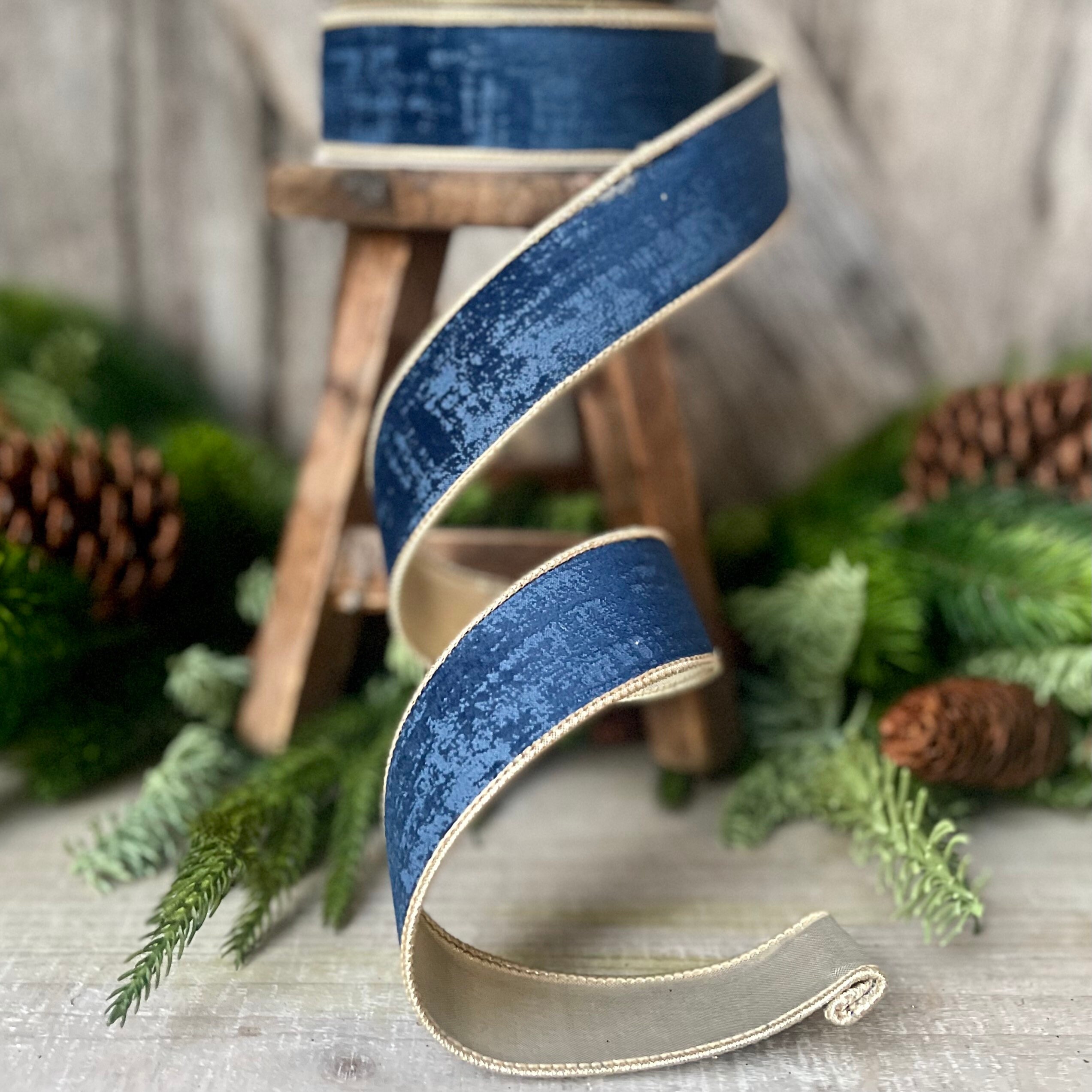 1.5 Dusty Blue Textured Velvet Ribbon, Wired Velvet Ribbon, Christmas ...