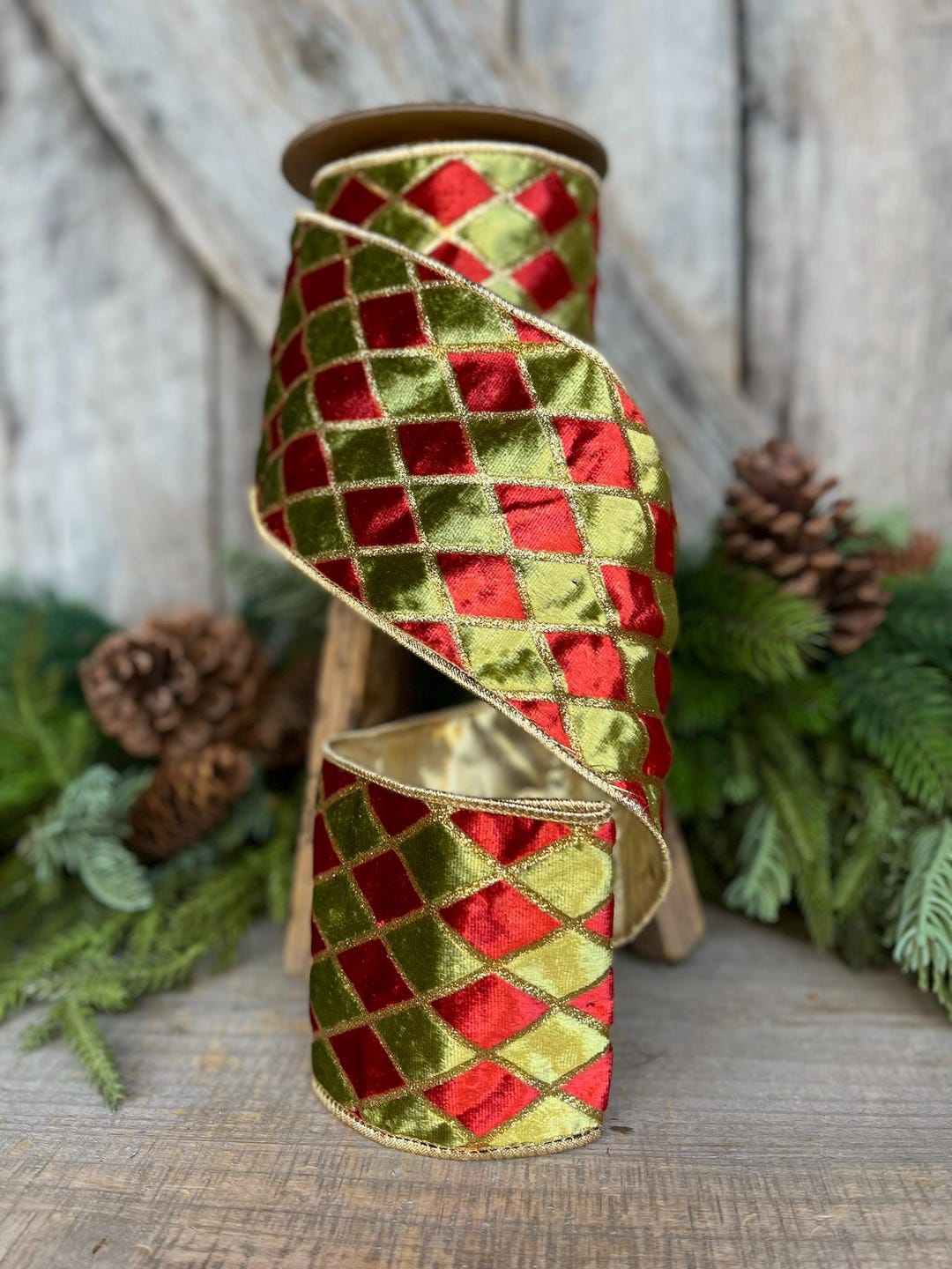 4" Red and Green Harlequin Velvet Ribbon, Christmas Ribbon, Harlequin ...