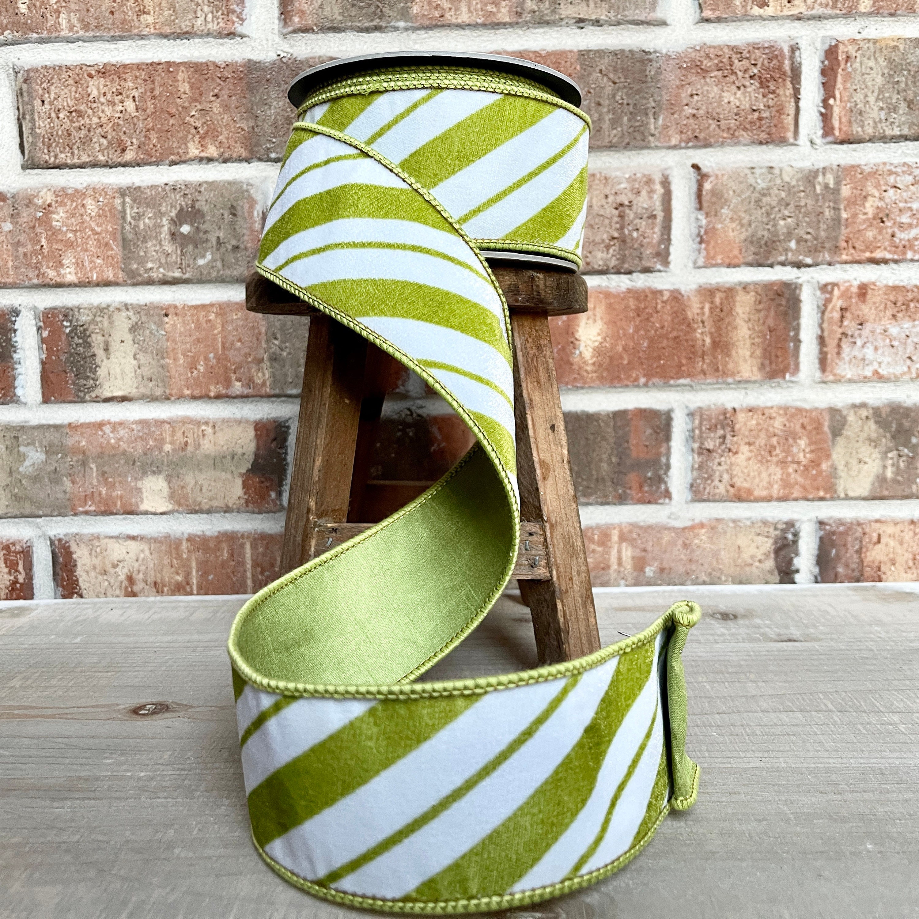 10 yards, 2.5 inch ribbon, Lime Green and White Diagonal Stripe Velvet ...